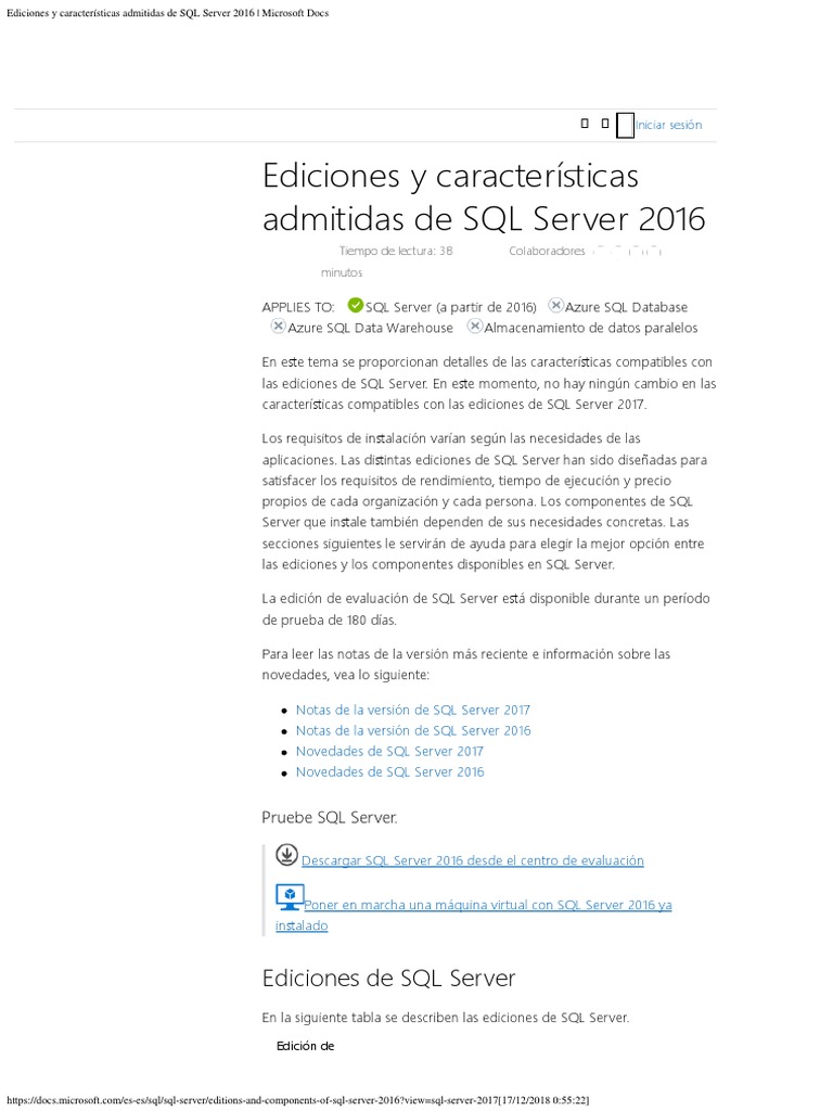 Ediciones y Características Admitidas de SQL Server 2016 Microsoft Docs | PDF | Servidor SQL de ...