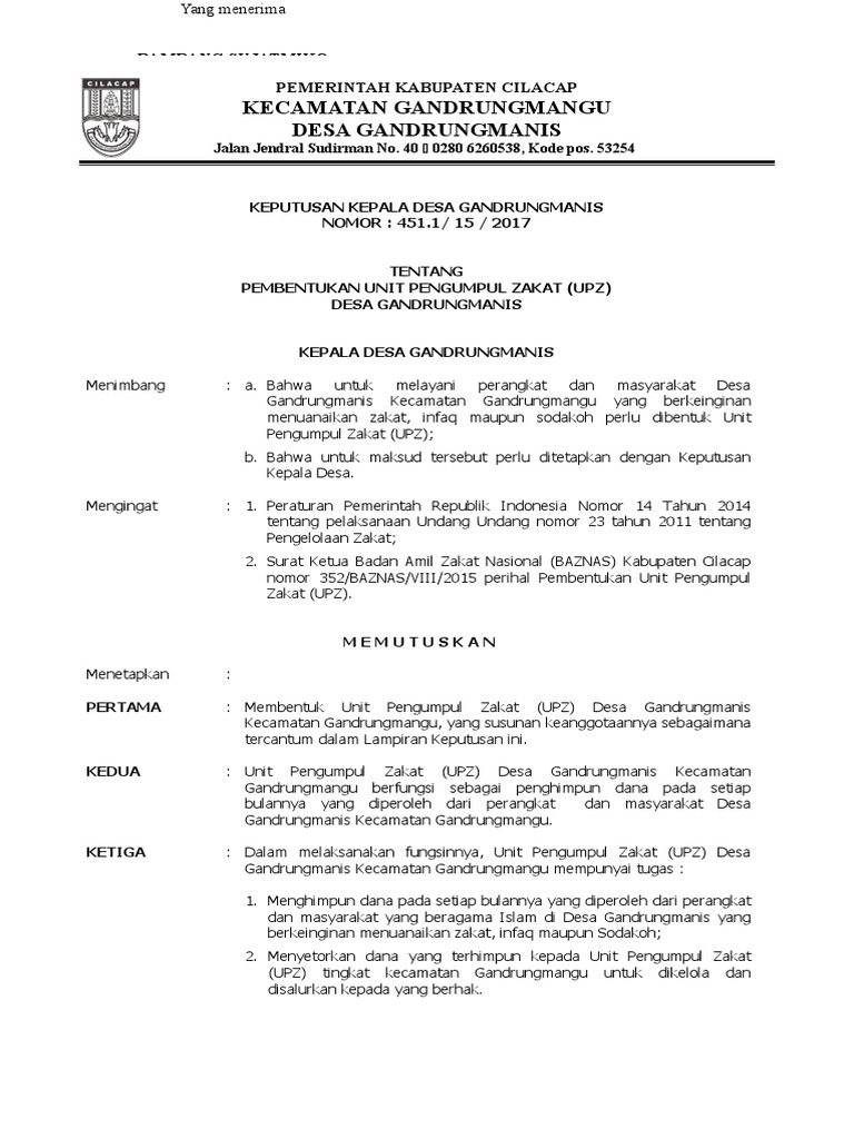 SK Pembentukan UPZ Desa Gandrungmanis | PDF