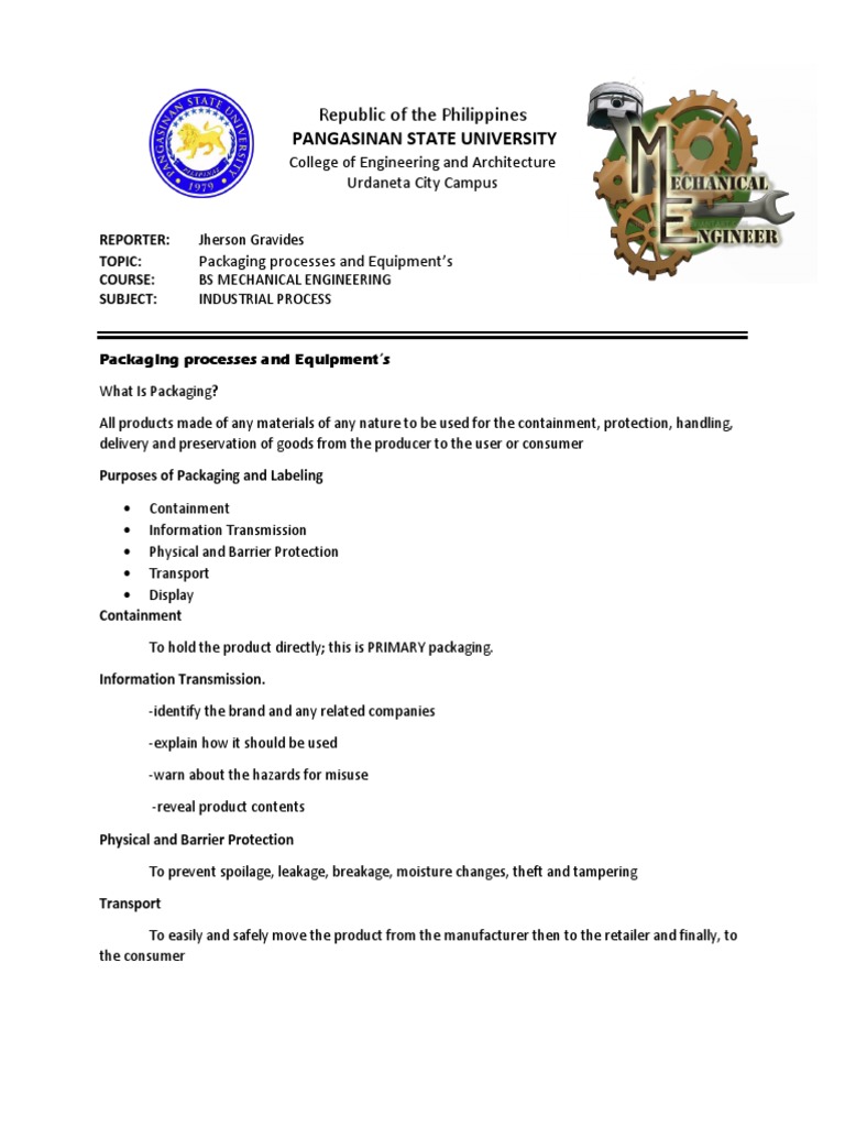 INDUSTRIAL PROCESS (Packaging Processes and Equipment's) | PDF ...