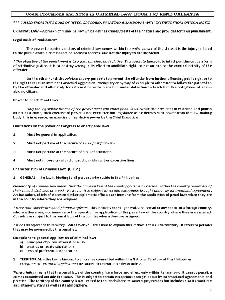 Codal Provisions and Notes in CRIMINAL LAW BOOK I by RENE CALLANTA ...
