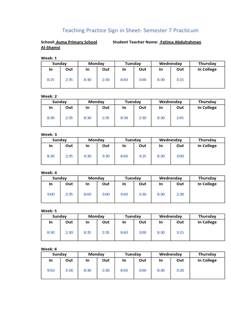 Student Teacher Attendance Log | PDF