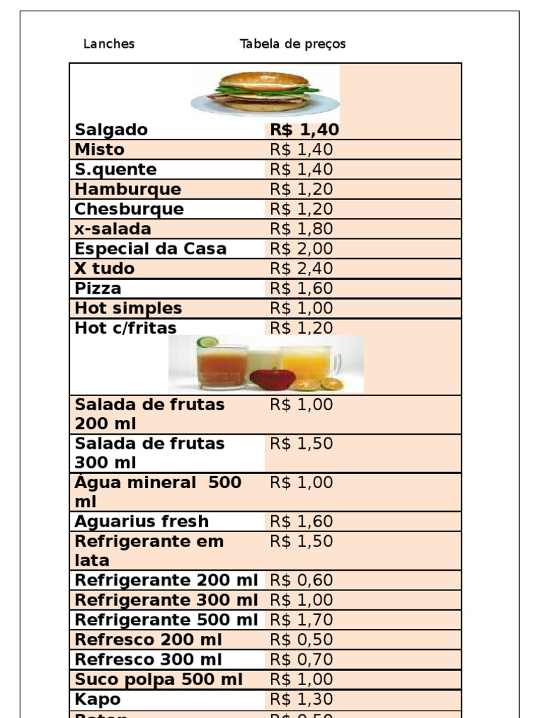 Lanches Tabela de Preços Lanches Tabela de Preços