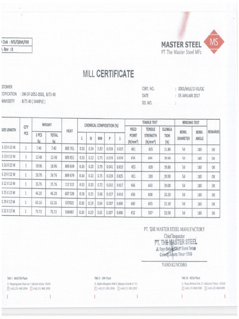 Mill Certifficate Steel Rebar | PDF
