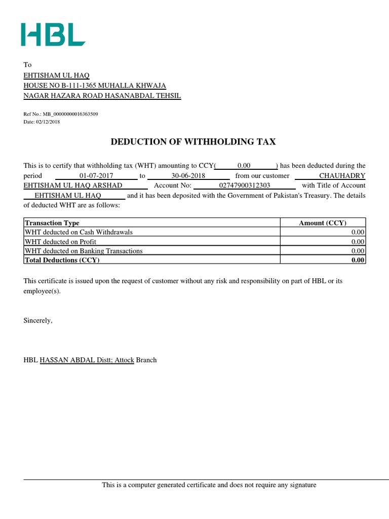 Certificate of Withholding Tax Deductions for Ehtisham Ul Haq from July ...