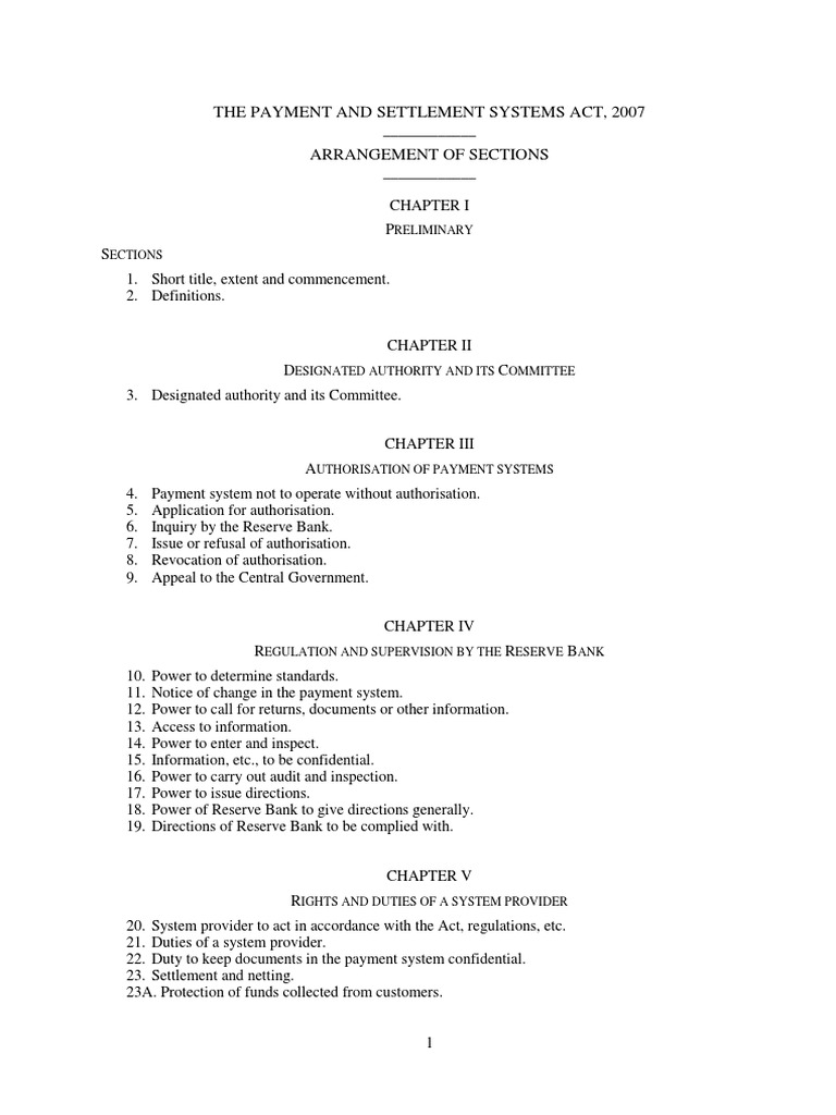 The Payment and Settlement Systems Act, 2007: Reliminary Ections | PDF | Reserve Bank Of ...