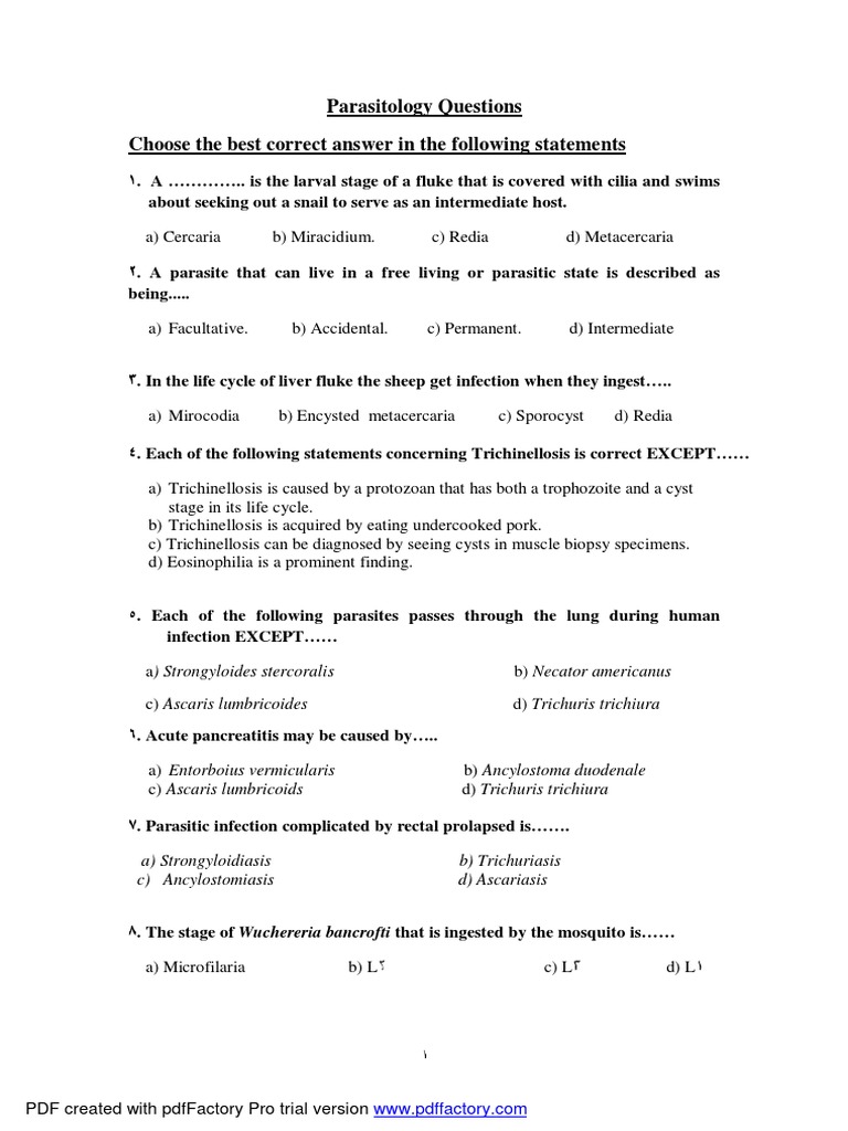 Parasitology Mcqs | PDF | Parasitism | Microbiology