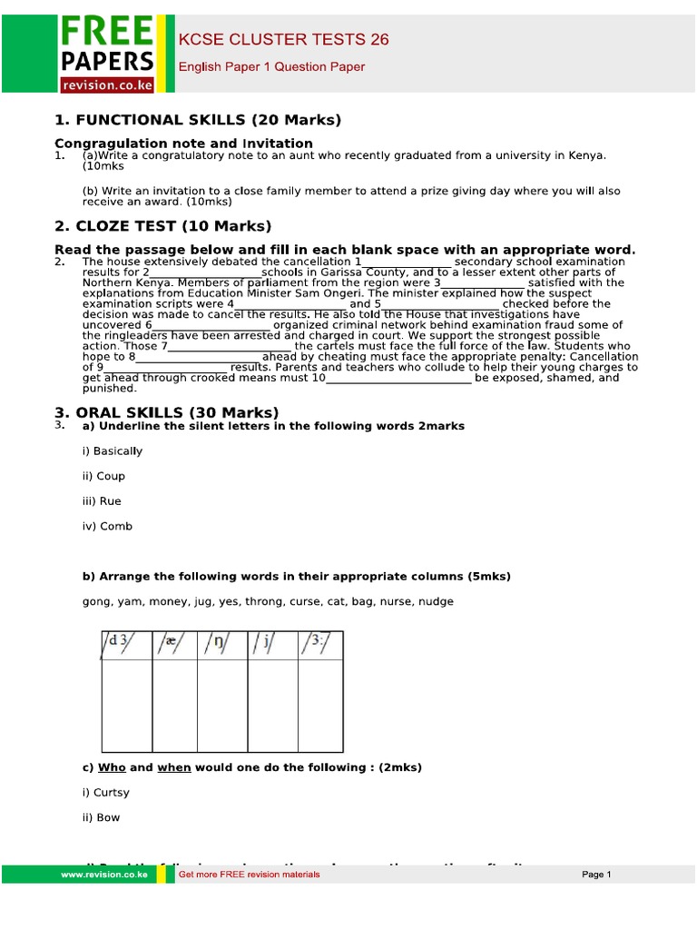 English Paper 1 Kcse Cluster Tests 26 Questions Pdf