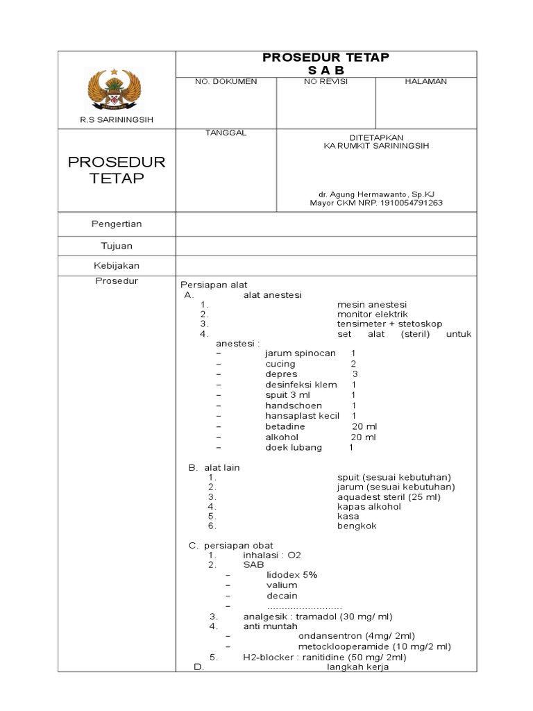 Prosedur Anestesi di RS Sariningsih | PDF