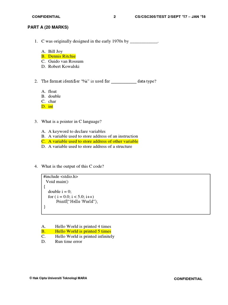 CSC305 - Test 2 (Answer Scheme) Student | PDF | C (Programming Language ...