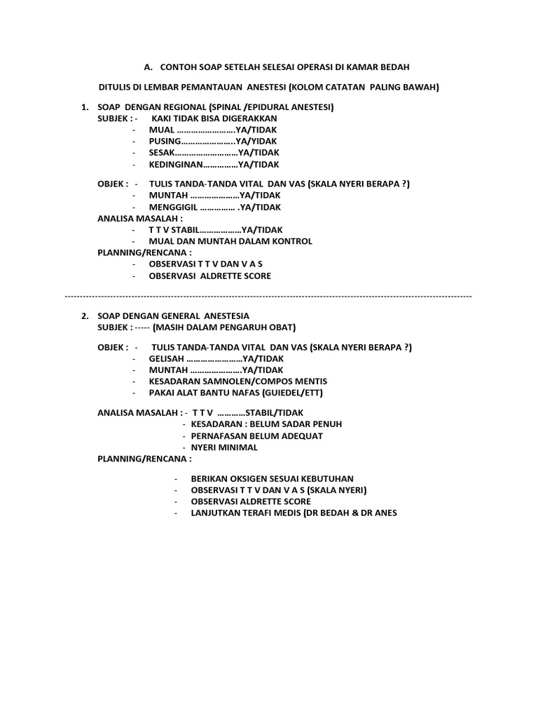 Contoh Soap Setelah Selesai Operasi Di Kamar Bedah | PDF