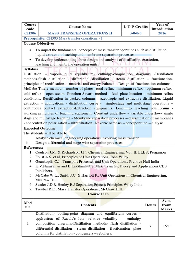 CH306 Mass Transfer Operations - II | PDF | Distillation | Chemical ...