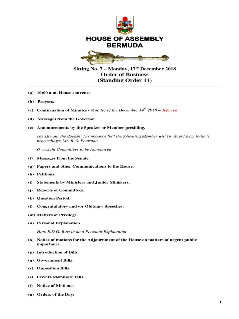 Bermuda House of Assembly Agenda 2018 | PDF | United States House Of ...