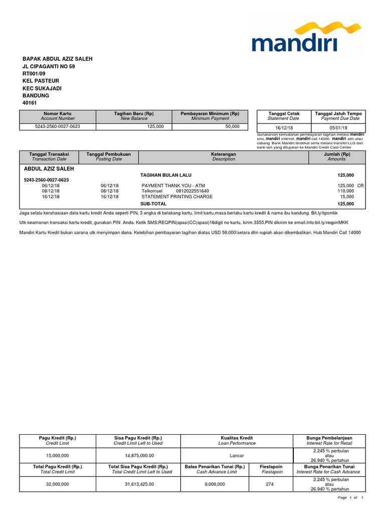 December 2018 Bapak Abdul Aziz Saleh Mandiri Bank Statement | PDF