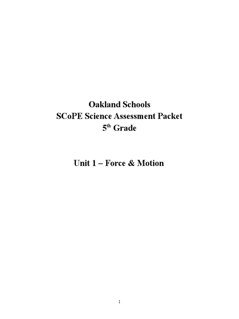 5th Grade Unit 1 Force and Motion Assessment Packet Oakland Resource ...