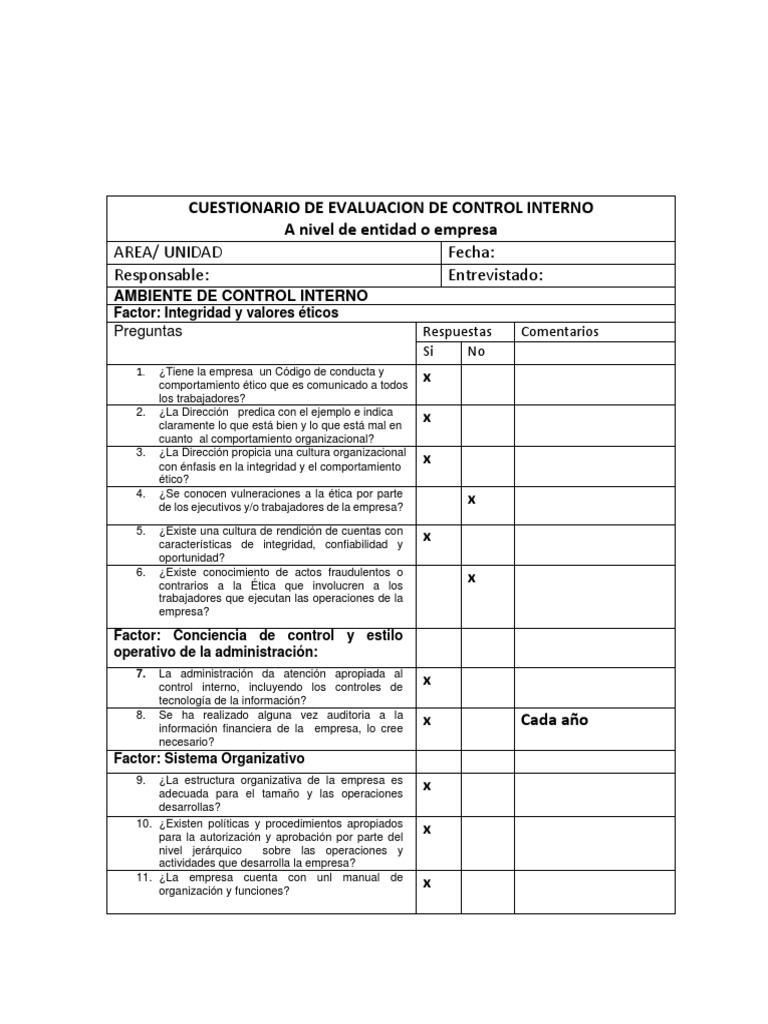 Cuestionario de Evaluacion de Control Interno Modelo | Contabilidad ...