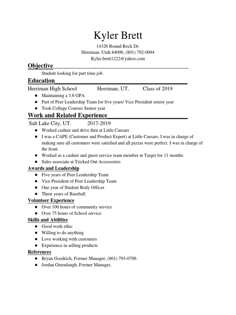 Kyler Brett's Part-Time Job Resume | PDF
