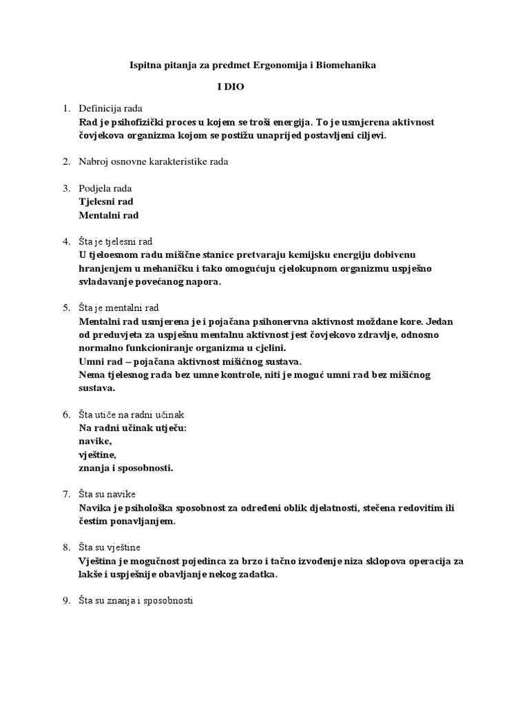 Ergonomija I Biomehanika - Prva Parcijala | PDF