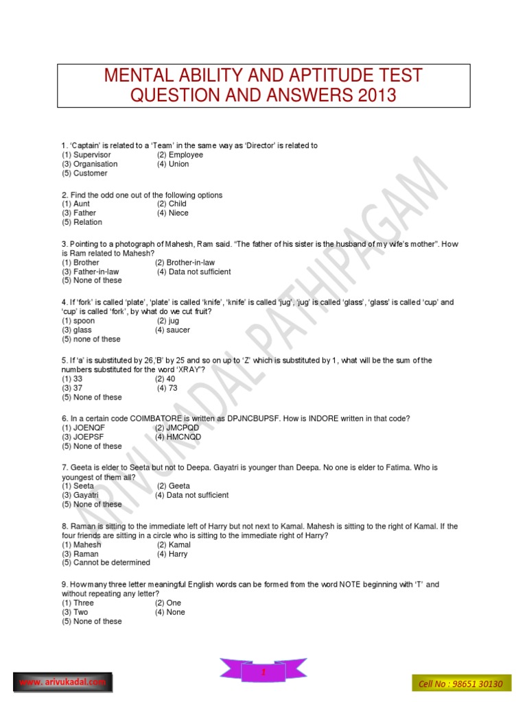 TNPSC Mental Ability and Aptitude Test Question and Answers 2013 PDF ...