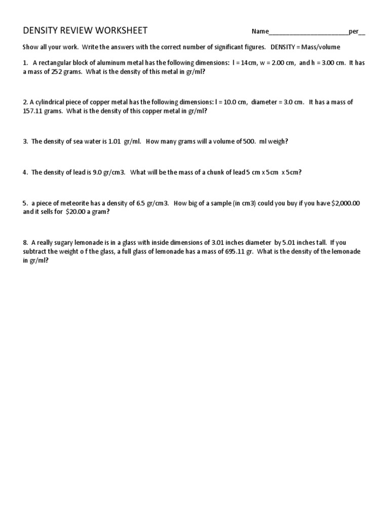 Density Review Worksheet | PDF
