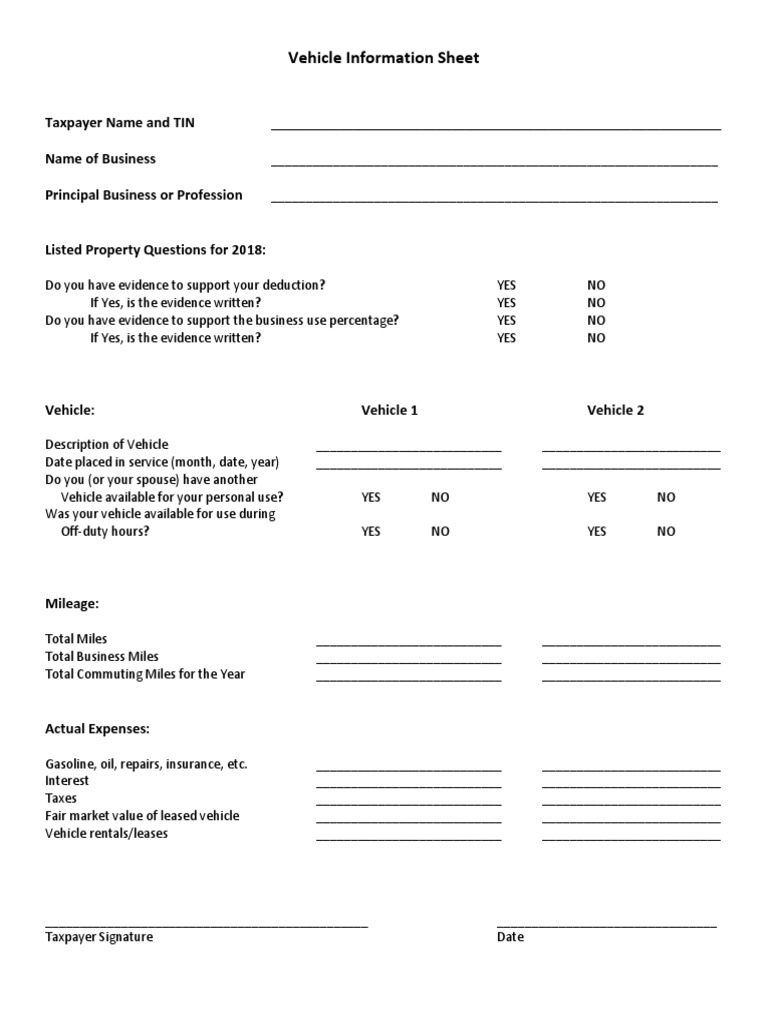 Vehicle Information Sheet: Taxpayer Name and TIN Name of Business ...
