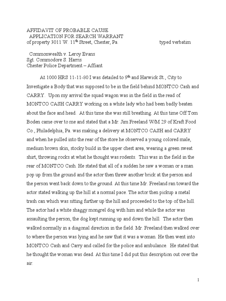 Affidavit Probable Cause Search Warrant 111180 | PDF | Violence