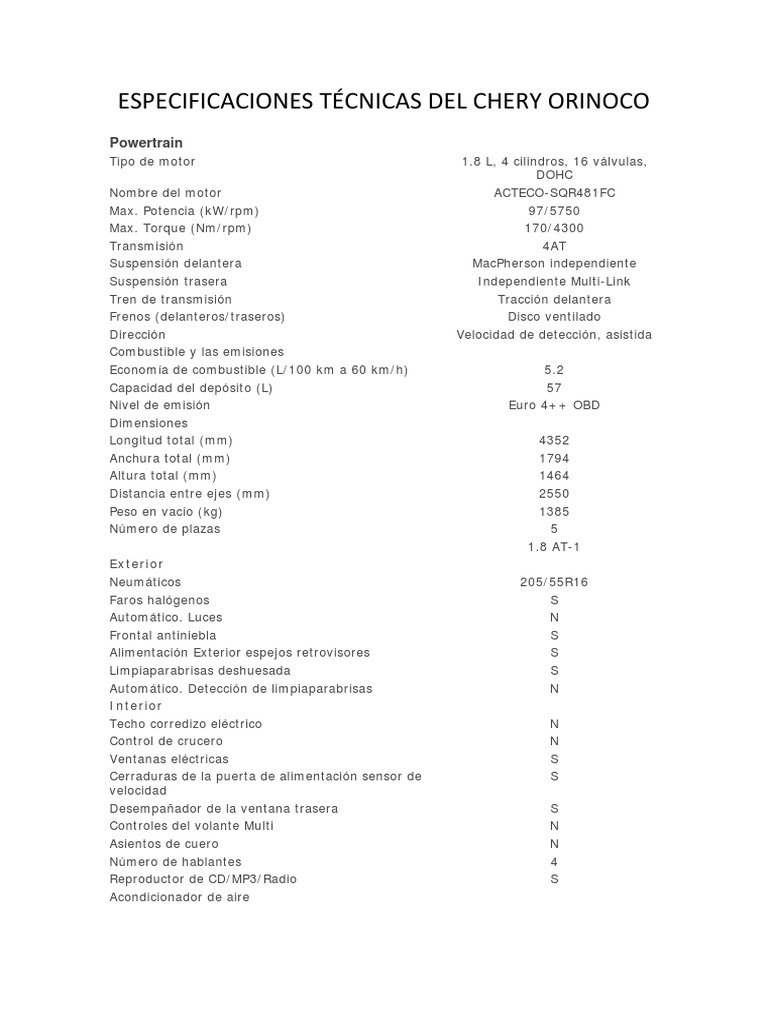 Especificaciones Técnicas Del Chery Orinoco | PDF | Transporte privado ...