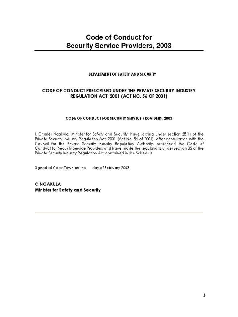 PSIRA Code of Conduct for Security Providers | PDF | Security Guard ...