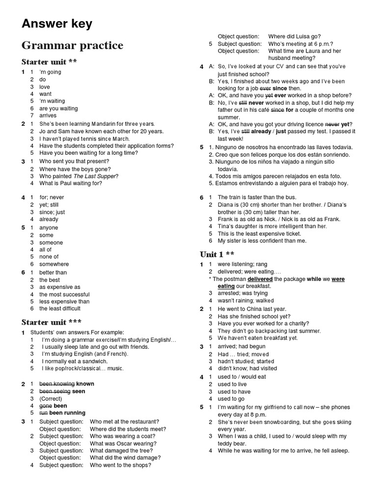 Grammar Practice: Answer Key | PDF | Leisure