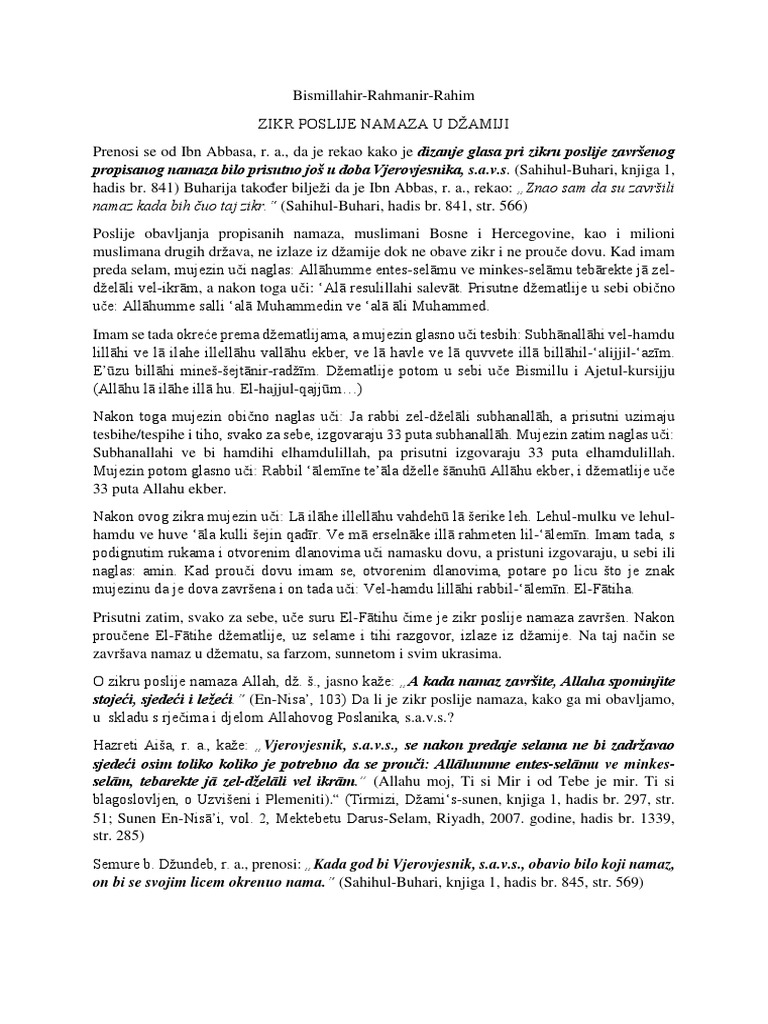 Hutba, 10.02.2017, Zikr Poslije Namaza U Dzamiji, 3st. | PDF