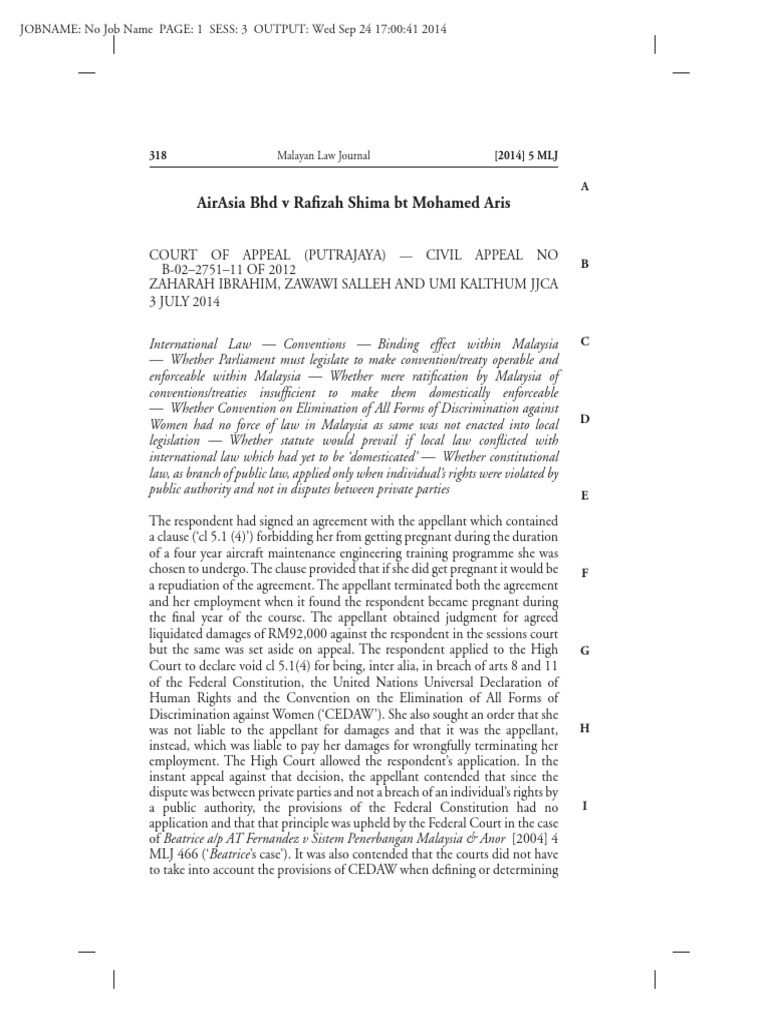 AirAsia BHD V Rafizah Shima BT Mohamed Aris | PDF | Treaty | Ratification