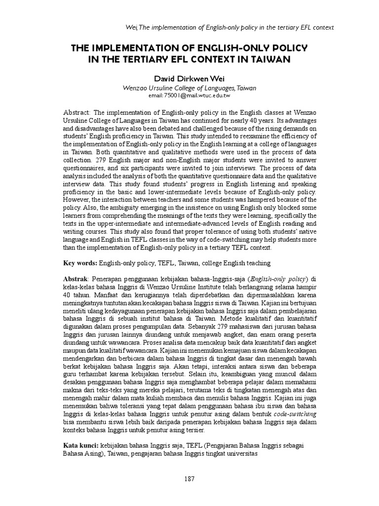 The Implementation of English-Only Policy in The T | Download Free PDF ...