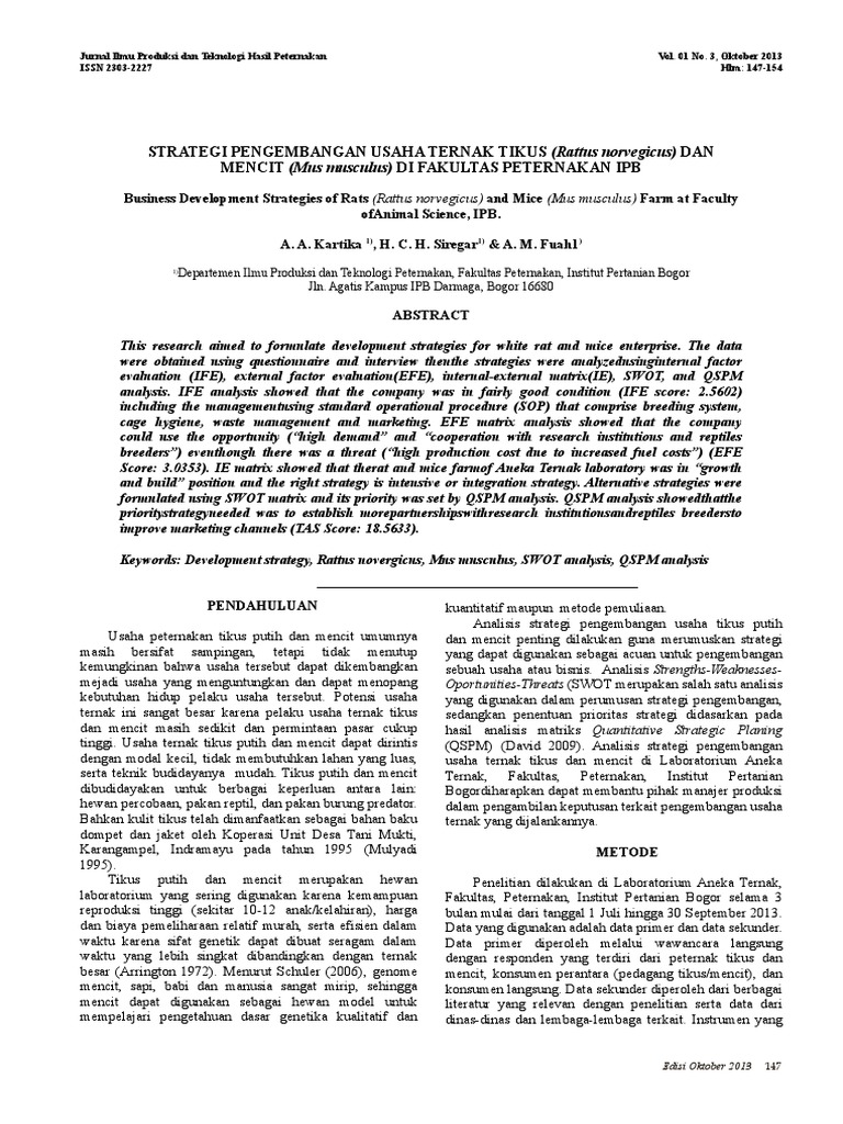 Strategi Pengembangan Usaha Ternak Tikus (Rattus Norvegicus) Dan Mencit ...