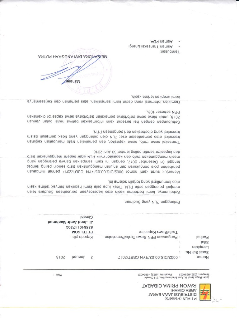 Surat PLN Penghapusan Sewa Trafo ID 535810117203 - STO Cimahi | PDF
