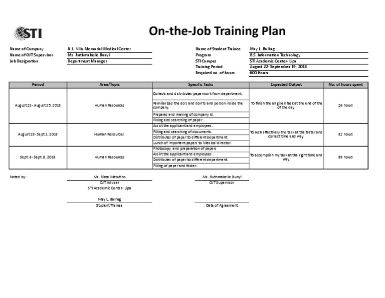 FT-APL-002-00 OJT Training Plan 150 (August 22- Sept. 19, 2018 ...