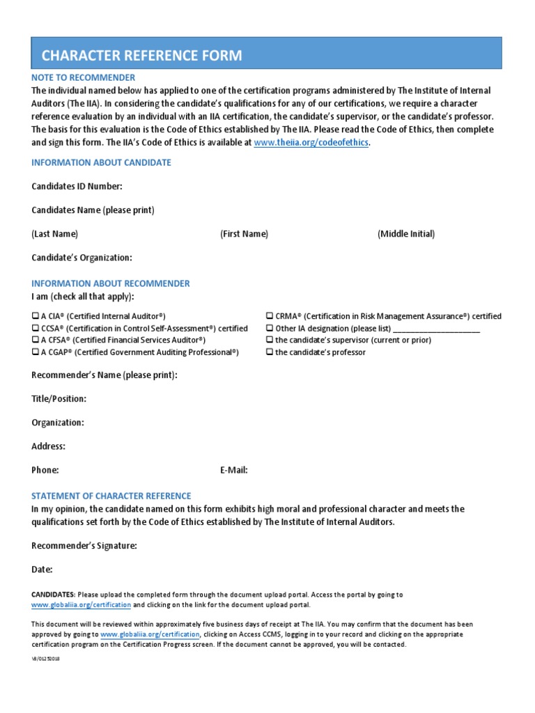 Character Reference Form CIA | PDF