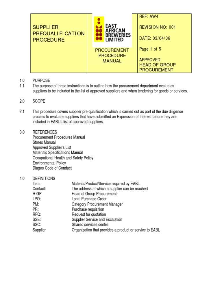 Supplier Pre Qualification Procedure PDF | PDF | Procurement | Business