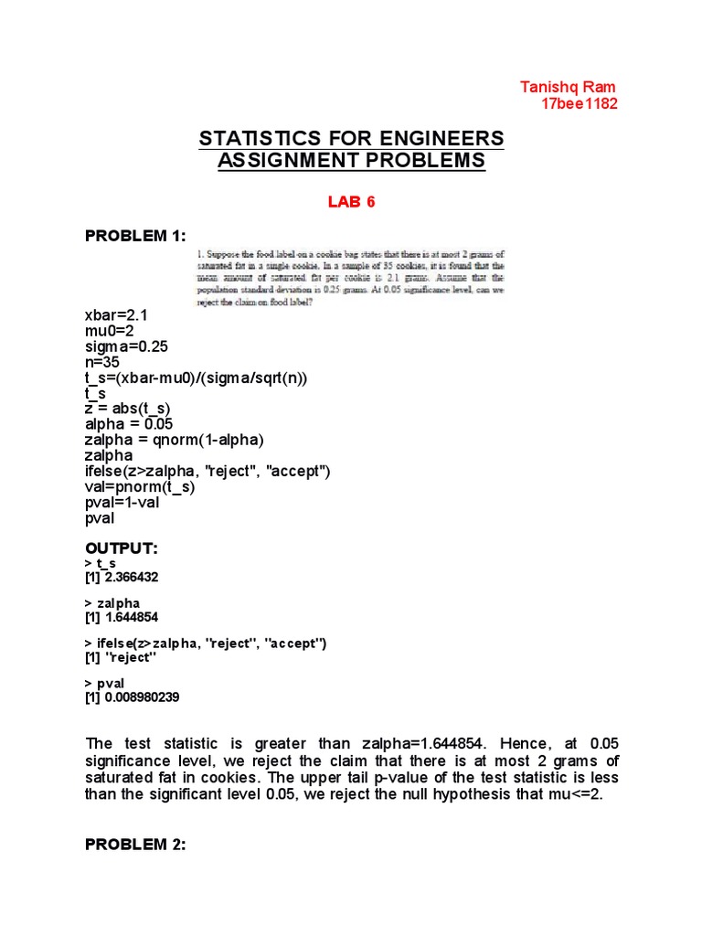 Statistics For Engineers Assignment Problems Problem 1 Pdf P Value Type I And Type Ii Errors
