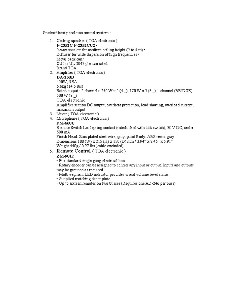 Speksifikasi Peralatan Sound System | PDF