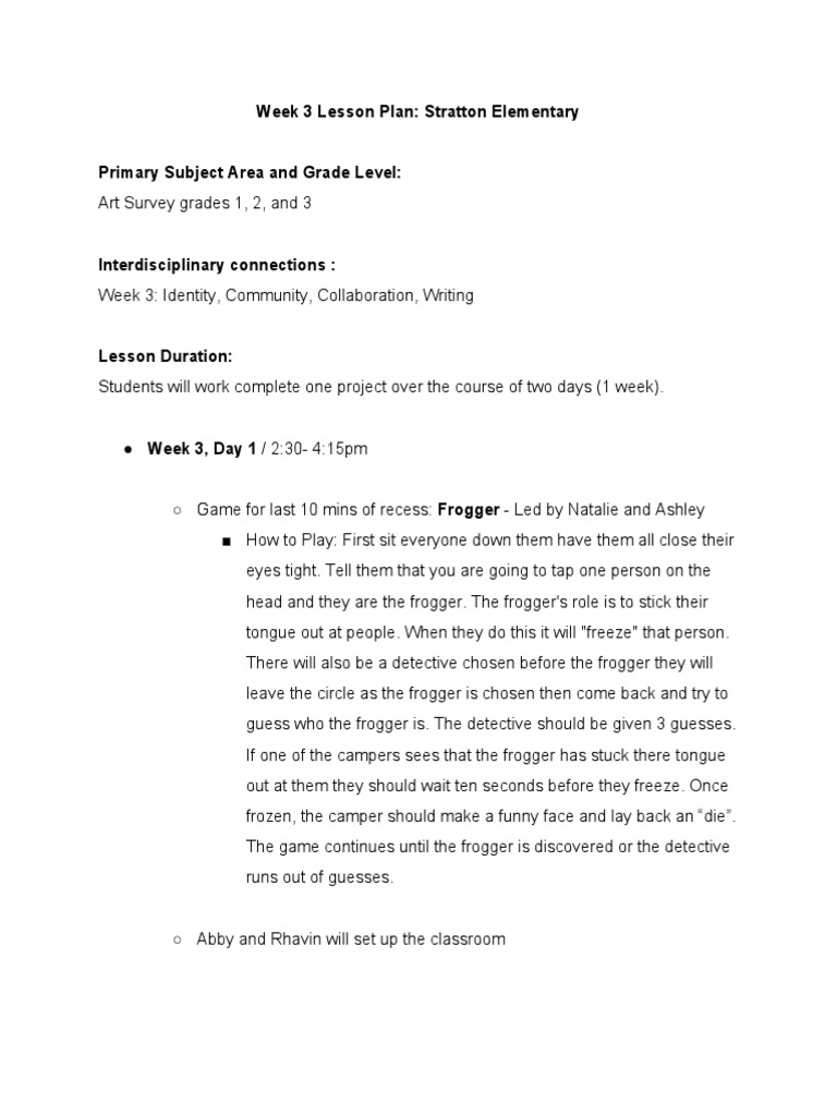 Week 3 Lesson Plan: Stratton Elementary | PDF