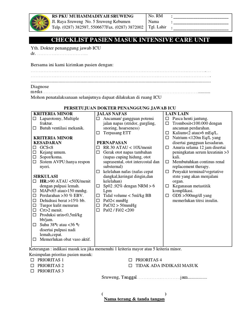 Checklist Pasien Masuk Intensive Care Unit | PDF