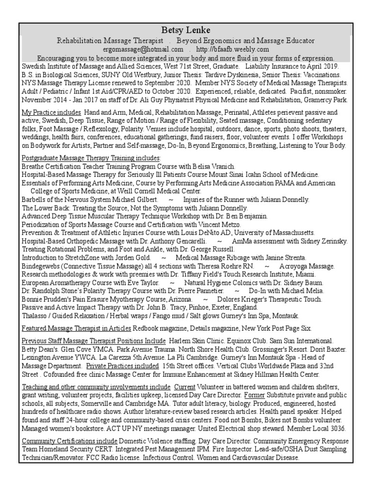 Betsy Lenke New York Experienced Massage Therapist | PDF | Massage ...