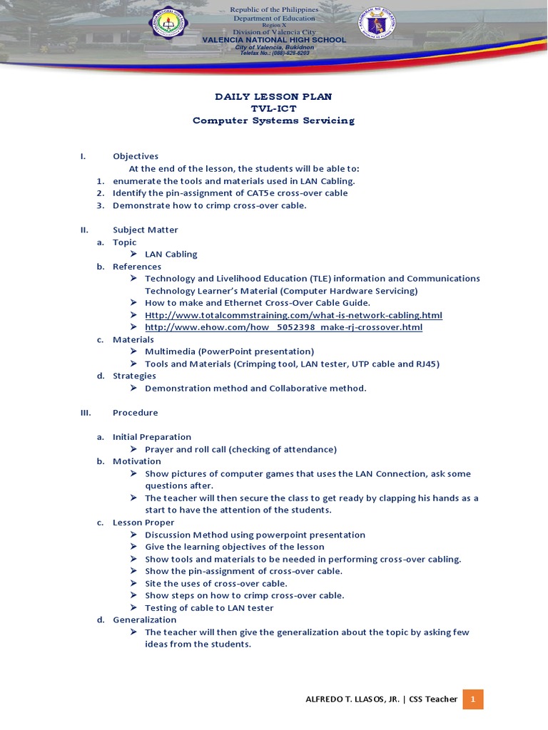 Lesson Plan LAN Cabling | Rubric (Academic) | Local Area Network