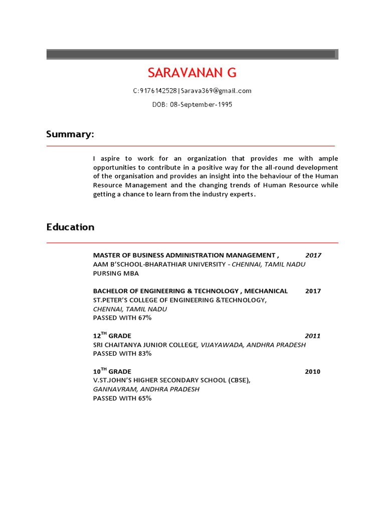 Saravanan Final Resume | Download Free PDF | Tamil Nadu | Learning