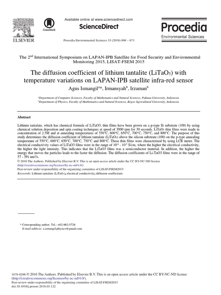 The Diffusion Coefficient of Lithium Tantalite (Litao) With Temperature ...
