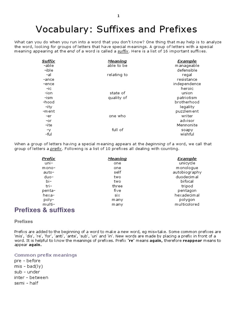 Vocabulary Suff and Prefi | PDF | Word | Adjective