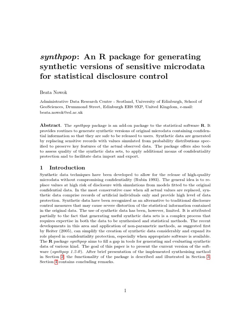 Synthpop: An R Package For Generating Synthetic Versions of Sensitive Microdata For Statistical ...