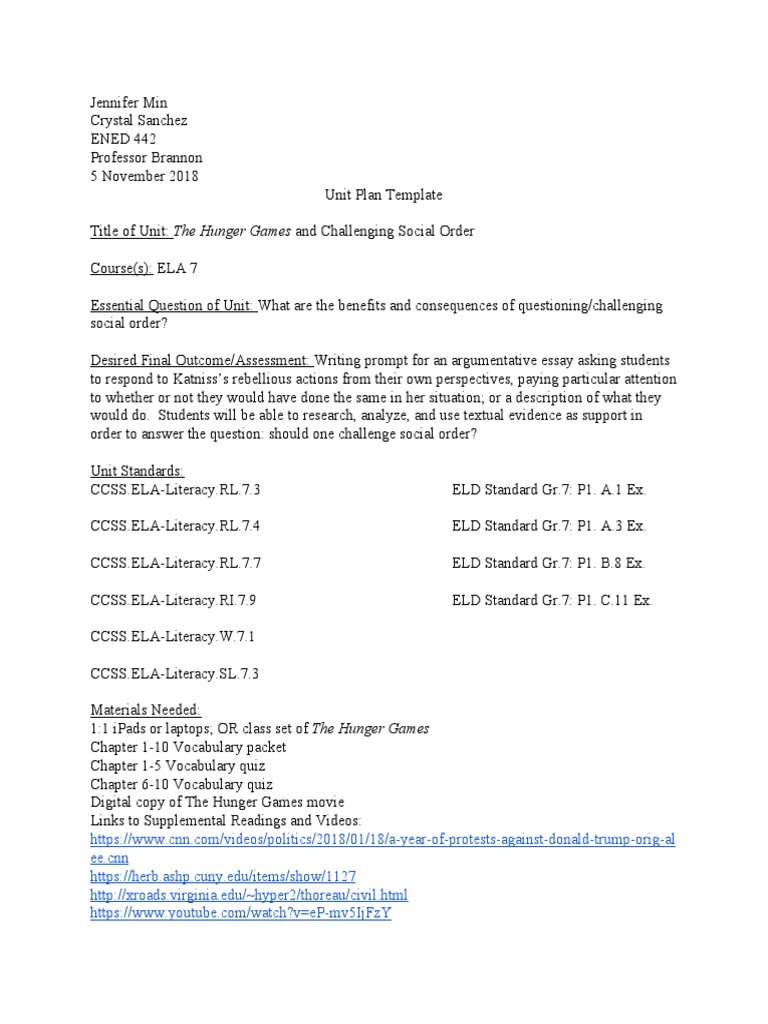 The Hunger Games Unit Plan Overview | PDF | Narration | Narrative