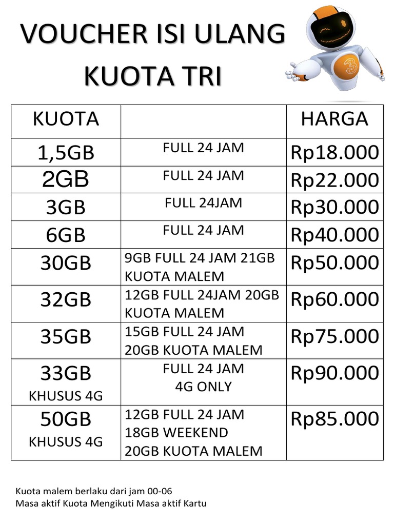 Kuota Harga Rp18.000 Rp22.000 Rp30.000 Rp40.000 Rp50.000 Rp60.000 Rp75 ...
