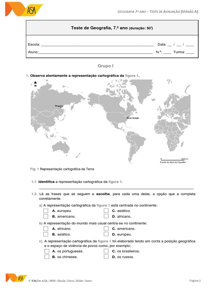 Geografia 7 Teste 2A | PDF | Portugal | Cartografia