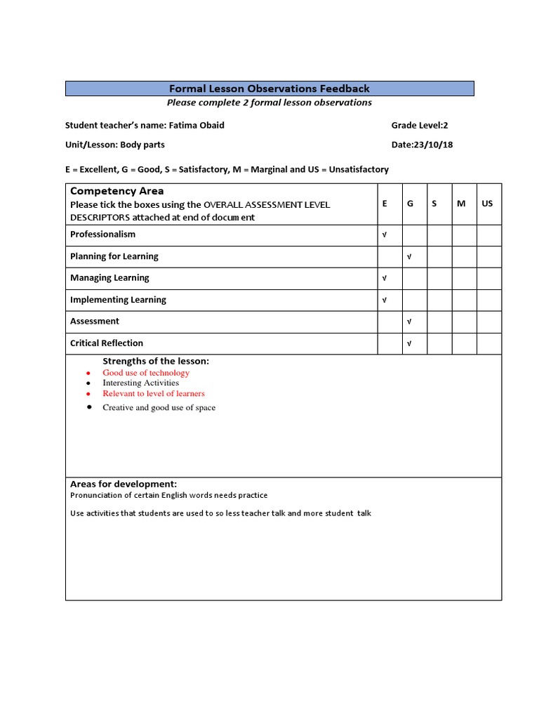Formal Lesson Observations Feedback | PDF